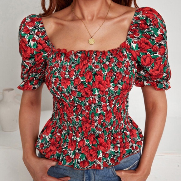 BellanBlue | Tops | Bohemian Red Floral Puff Sleeve Peplum Top | Poshmark